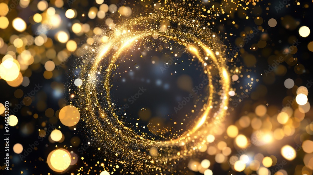 Sparkling gold circle radiates light and sparkles, with golden ...