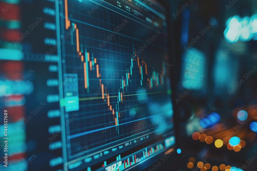Computer glowing forex index chart with grid on blurry background. Market, finance. AI Generated ...