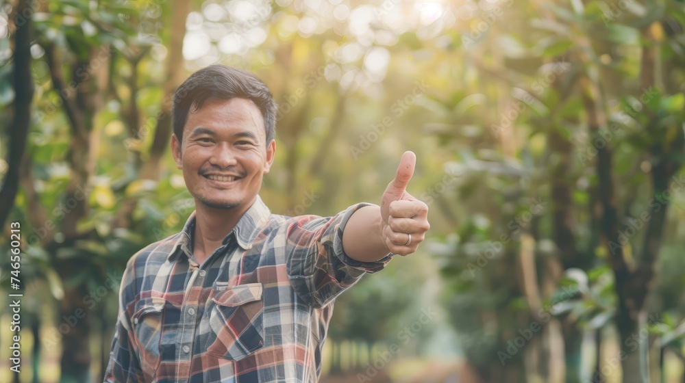 Asian man farmer agriculturist happy thumbs up at a rubber tree ... Asian man farmer agriculturist happy thumbs up at a rubber tree ...