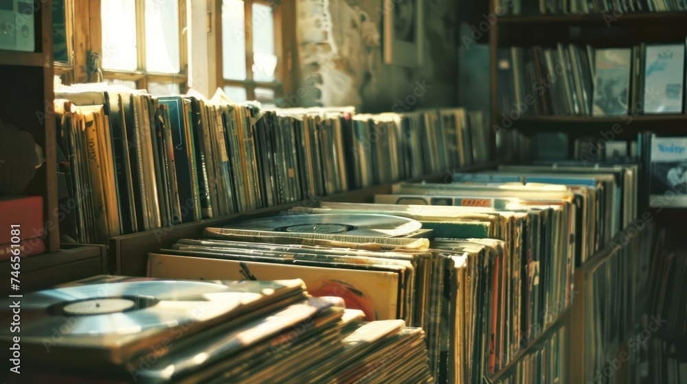 Vintage record store with vinyl albums collection. Retro music shop ...