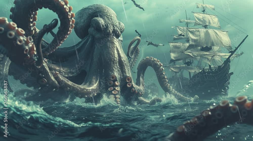Giant octopus wrapping its tentacles around a pirate ship sailing ...