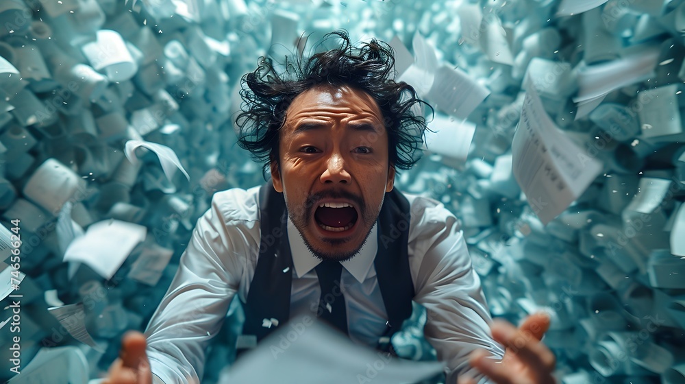 Stressed Man Yelling in a Crowd of Paper in Japanese Style Stock ...