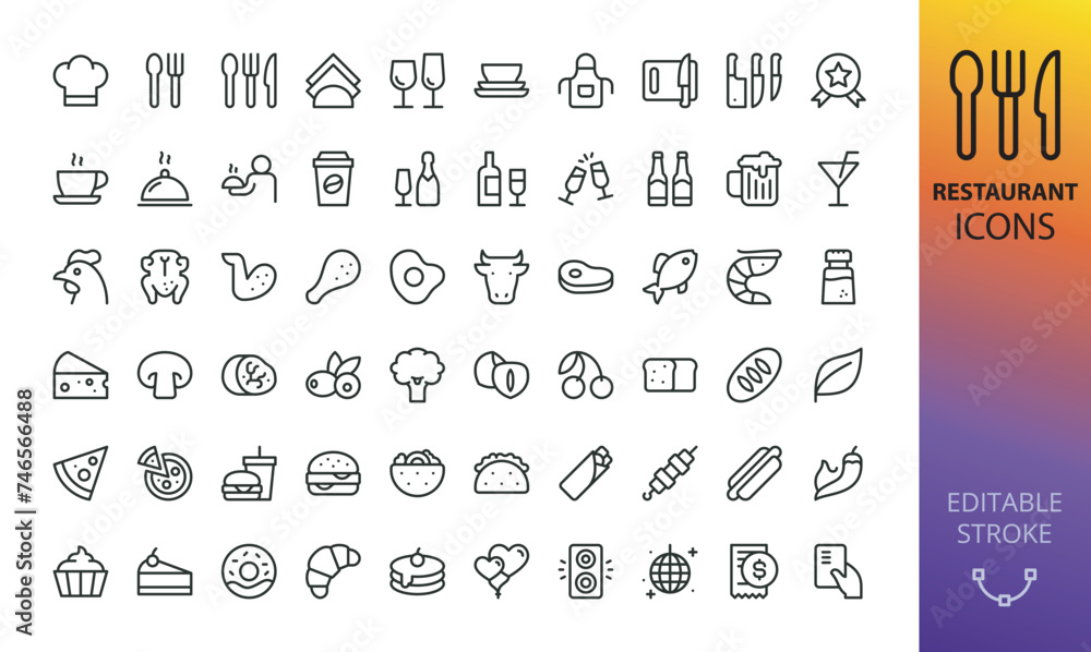 Restaurant isolated icons set. Set of restaurant food, chef hat ...