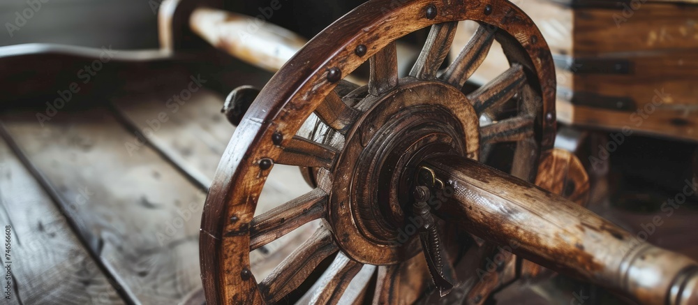 A detailed view of a classical spinning wheel in action on a wooden ...
