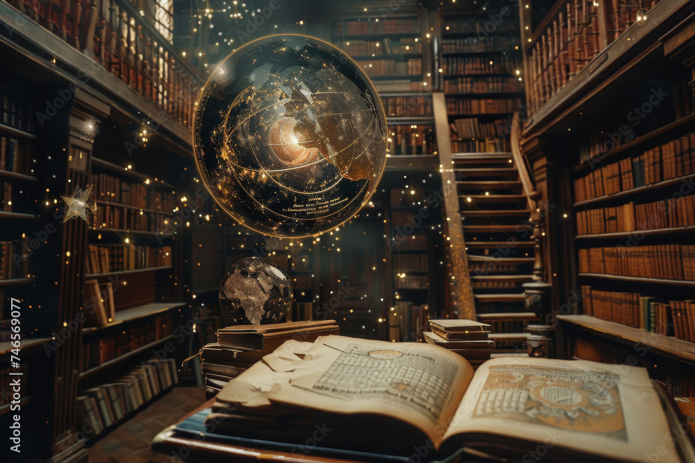 Ancient globe in a magical library setting - This image shows an old ...