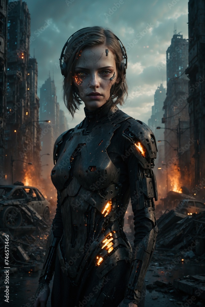 Masterpiece image of Gorgeous young woman with half of face as a robot ...