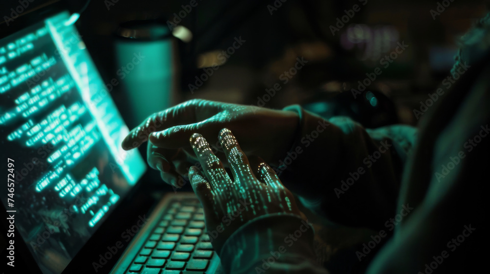 A programmers hands illuminated by the glow of code on a screen in a dark room revealing a story ...