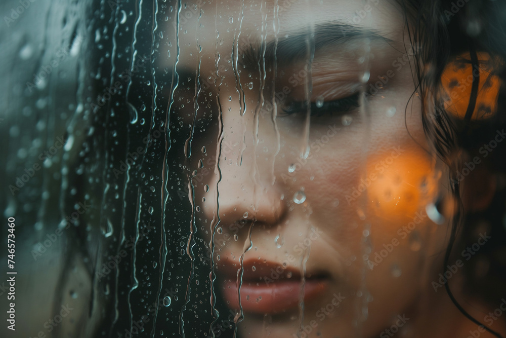 Close-up of a woman's face with tears streaming down her cheeks, window ...