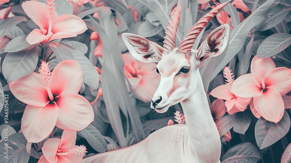 Beautiful antelope portrait in tropical flowers, leaves and plants ...