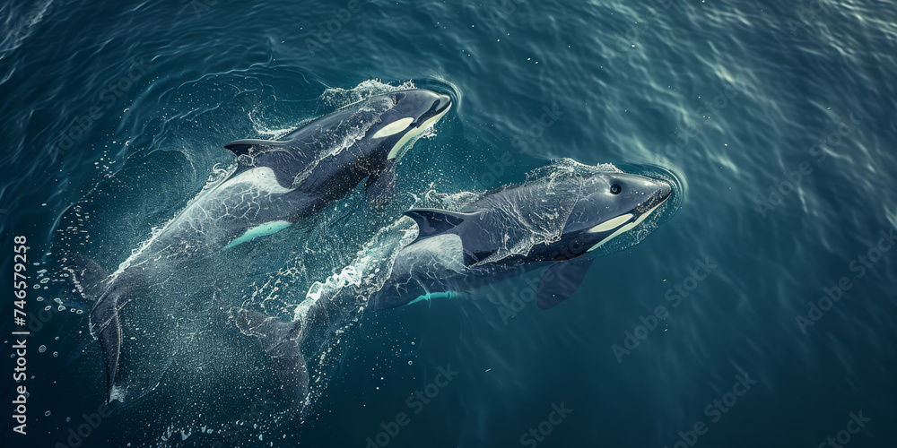 Overhead shot capturing killer whales (Orcas) swimming together in the ...