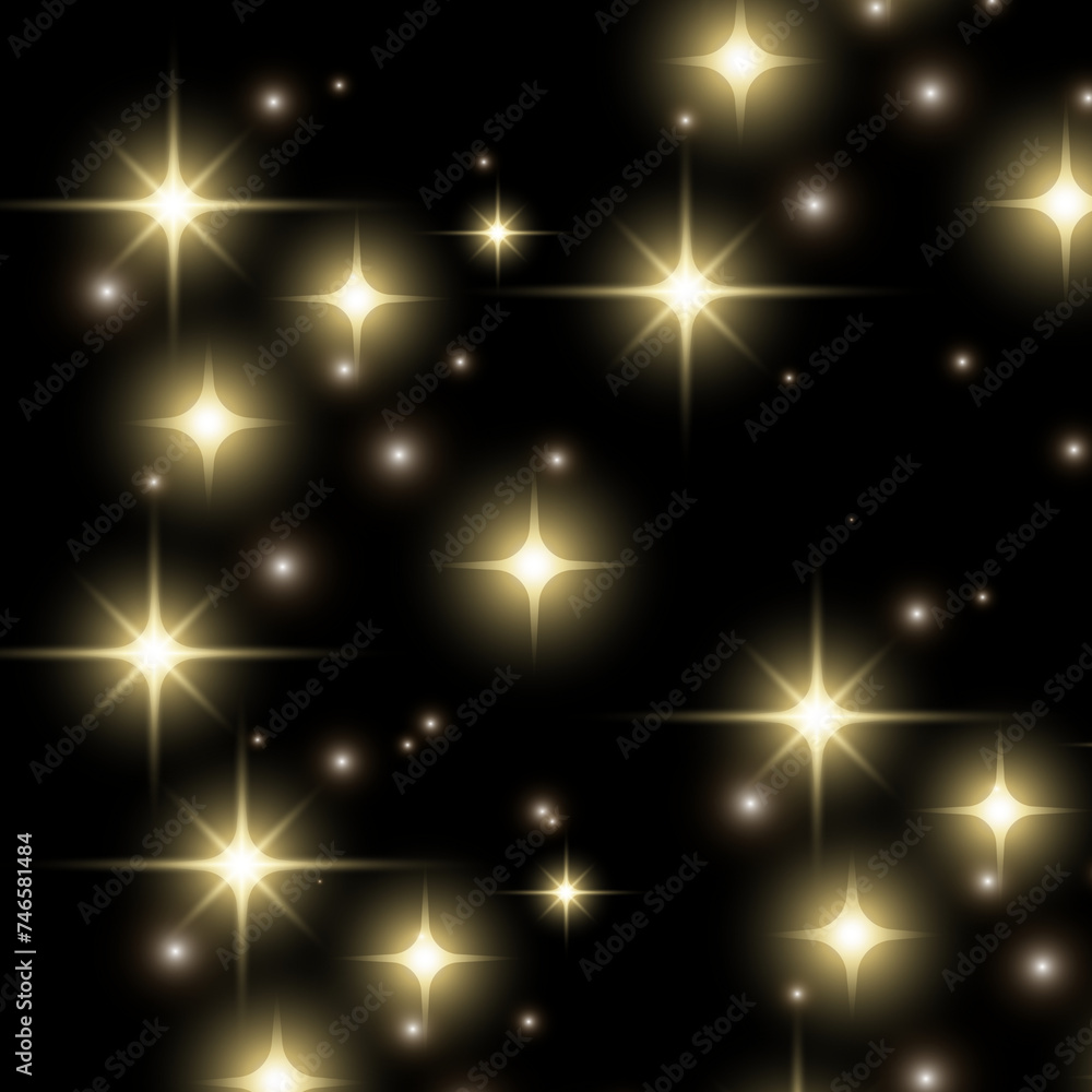 Golden star shine effects, flash lights with sparkles and glow rays ...