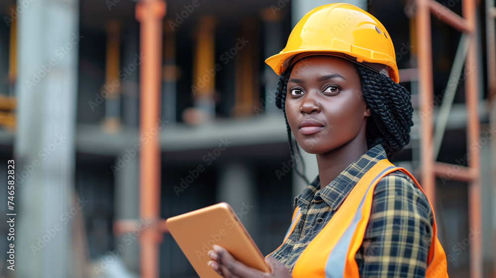 Confident female civil engineer with drawings on a busy construction ...