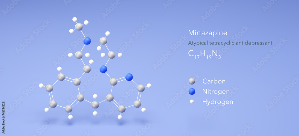 mirtazapine molecule, molecular structures, atypical tetracyclic antidepressant, 3d model ...