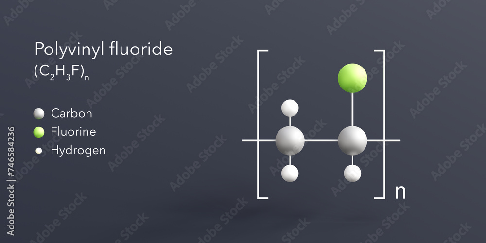 polyvinyl fluoride molecule 3d rendering, flat molecular structure with ...