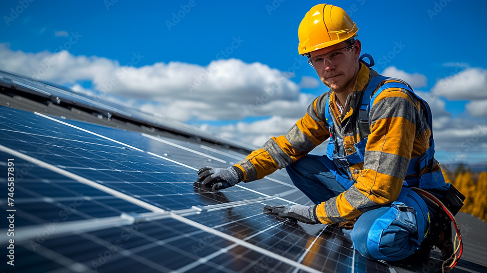 Solar Panel Technician Working on Rooftop Installation. A focused ...