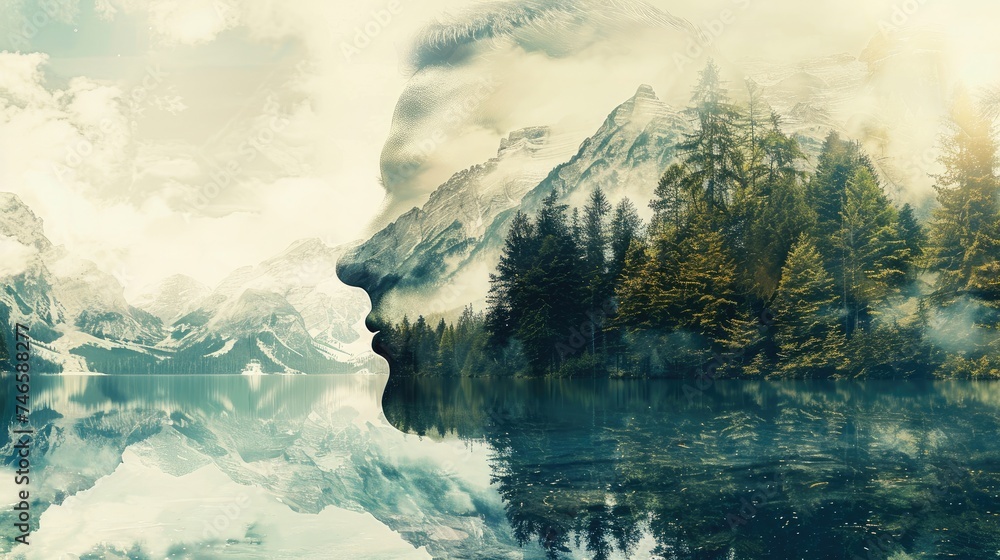 Multiple exposures combine human faces, mountains, forests, and water ...