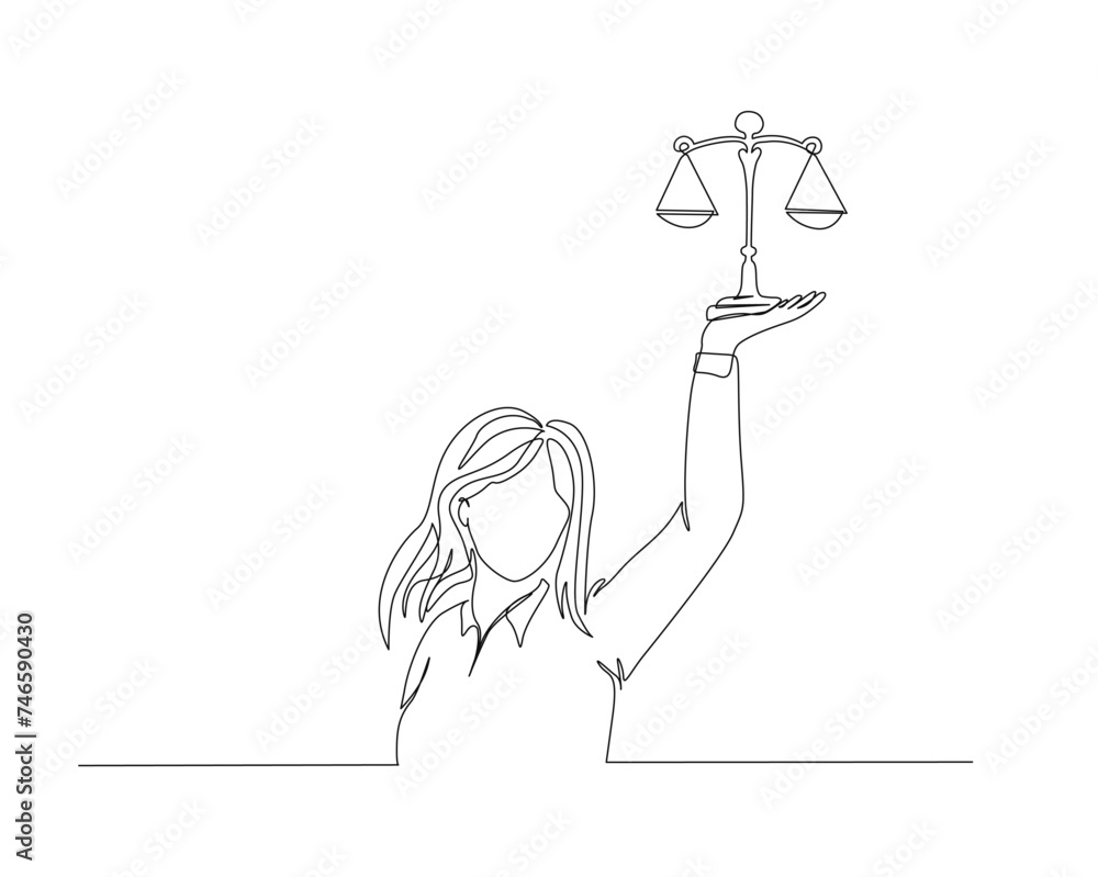 Continuous one line drawing of woman holding judicial scales. Lawyer ...
