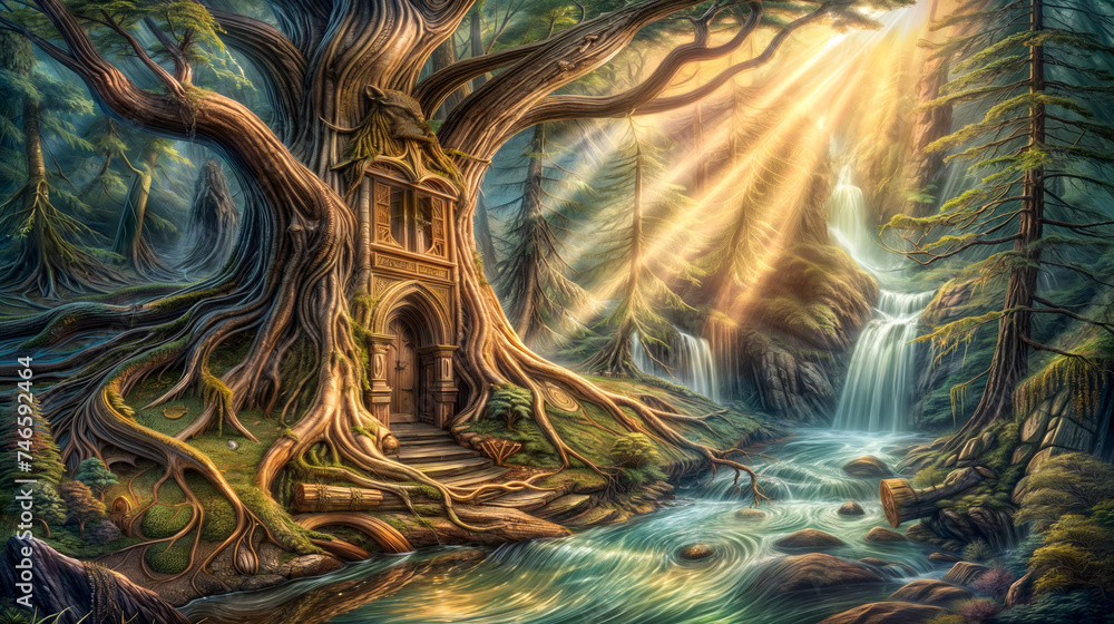 Mystical druid shrine nestled in tree in ancient forest, with sunbeams ...