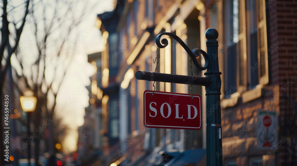 A "SOLD" sign swinging from a lamppost in front of a duplex, hinting at ...