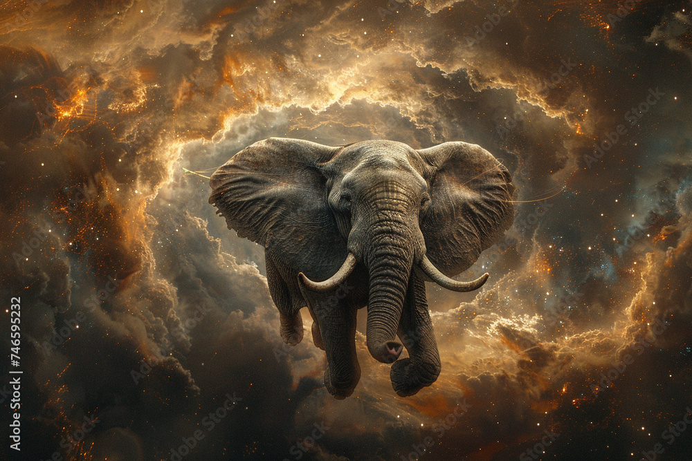 Powerful elephant surges forward amidst tumultuous ocean waves under a ...
