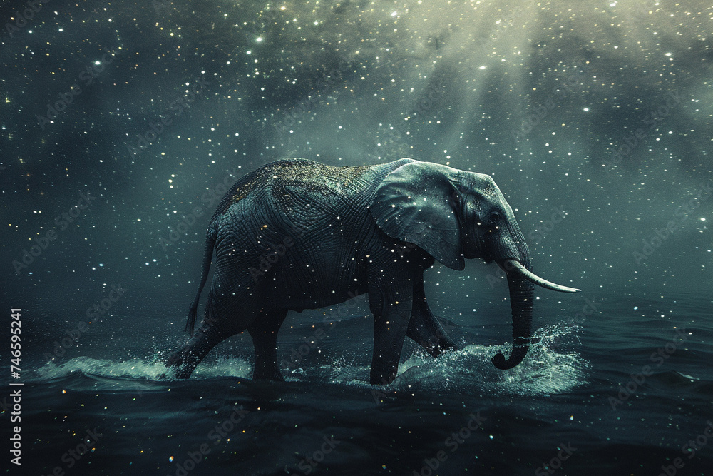 Powerful elephant surges forward amidst tumultuous ocean waves under a ...