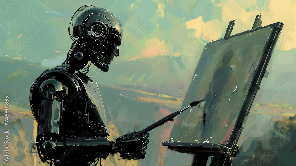 A highly detailed robot with a humanoid form engages in the creative ...