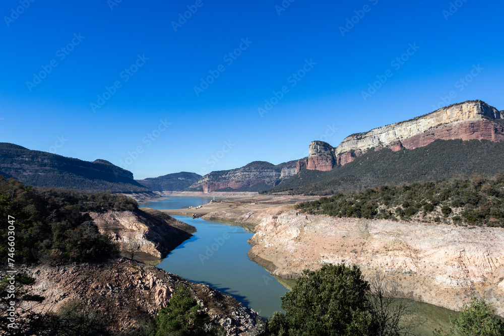 Lack water Sau Reservoir. The swamp is at very low water levels due to ...