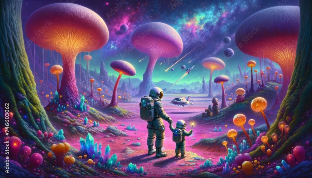 Cosmic Journey: Father and Child Exploring Alien Wonderland Stock ...