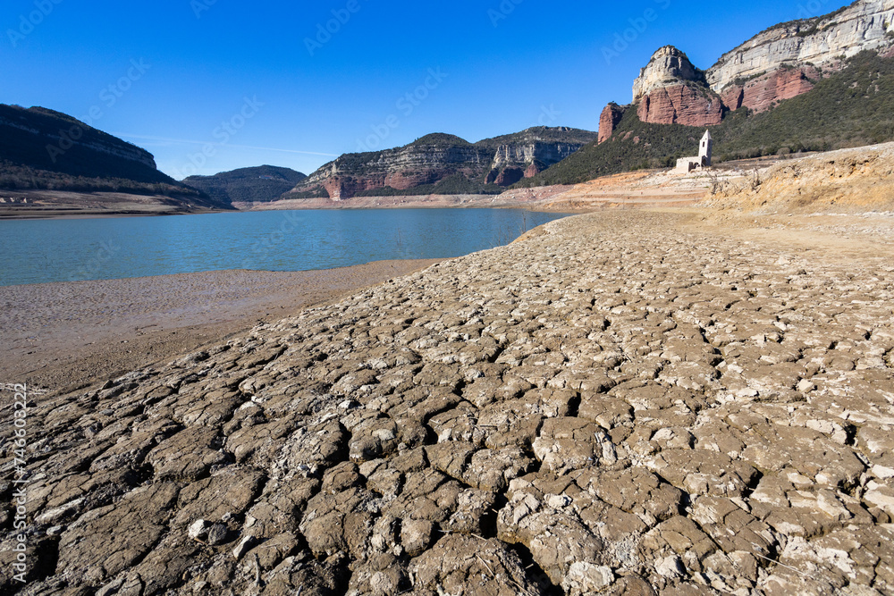 Lack water Sau Reservoir. The swamp is at very low water levels due to ...
