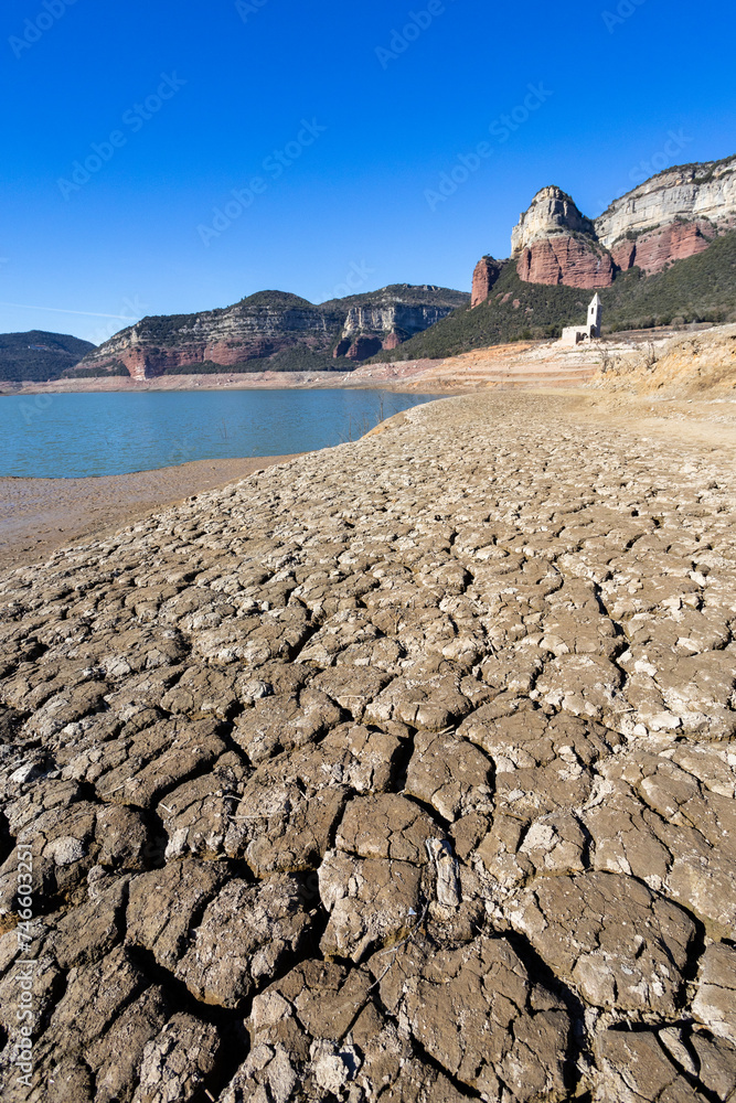 Lack water Sau Reservoir. The swamp is at very low water levels due to ...