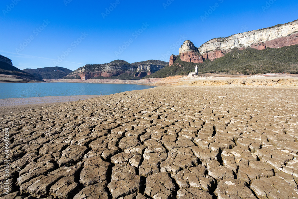 Lack water Sau Reservoir. The swamp is at very low water levels due to ...