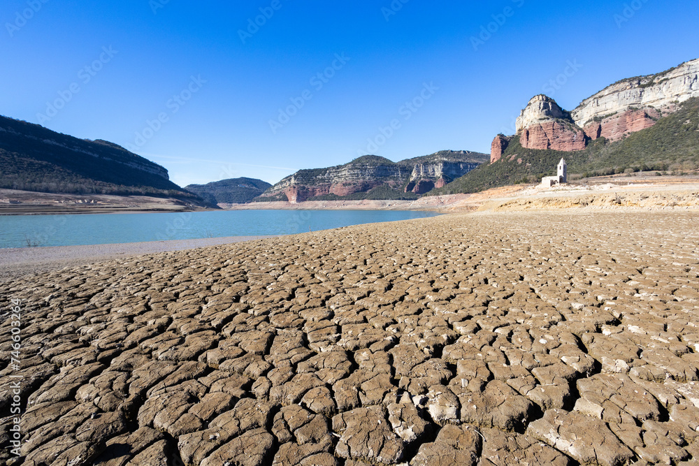 Lack water Sau Reservoir. The swamp is at very low water levels due to ...