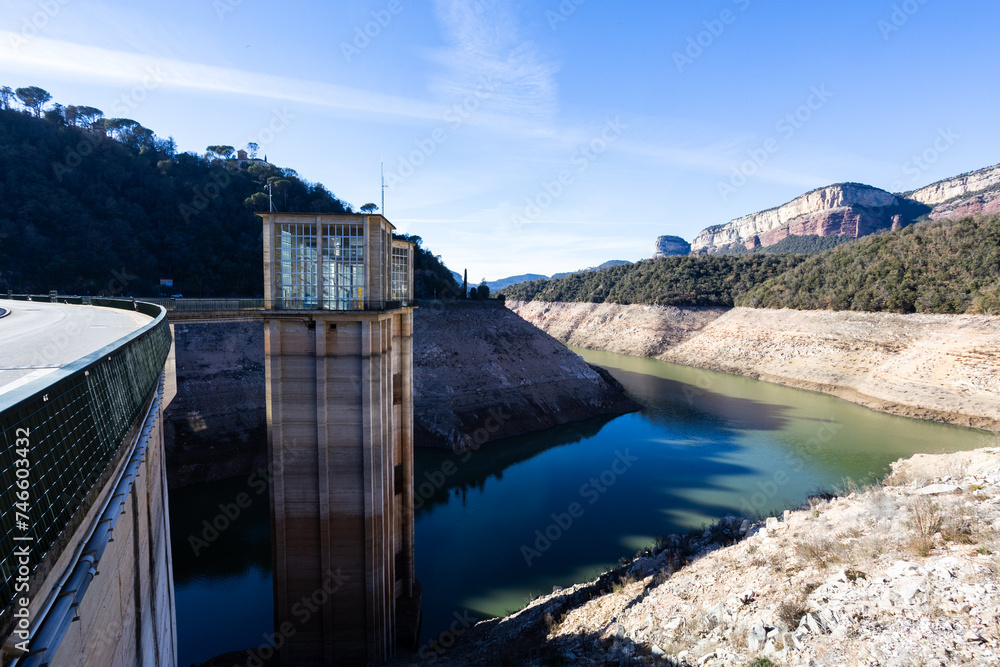 Lack water Sau Reservoir. The swamp is at very low water levels due to ...