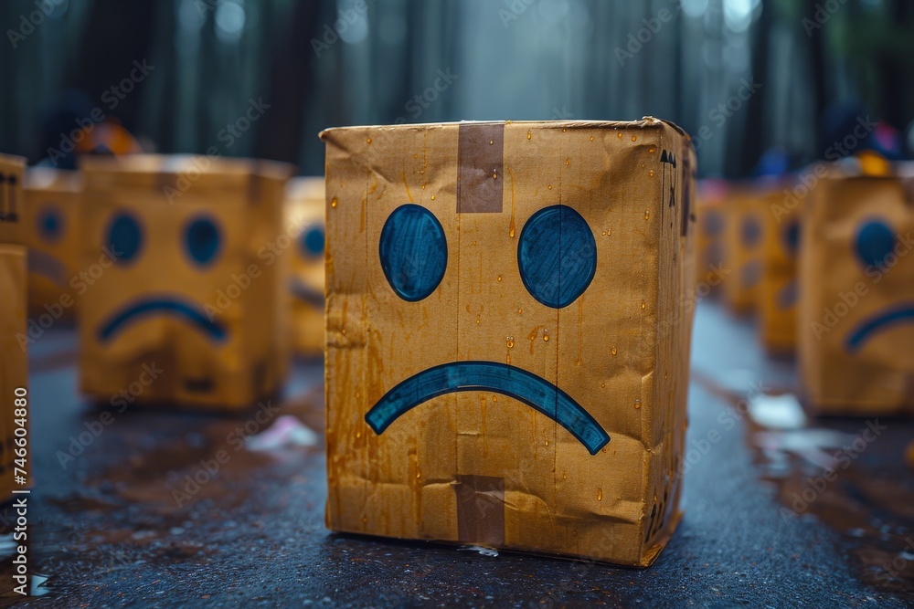An anthropomorphic cardboard box with a sad face conveys emotions of ...