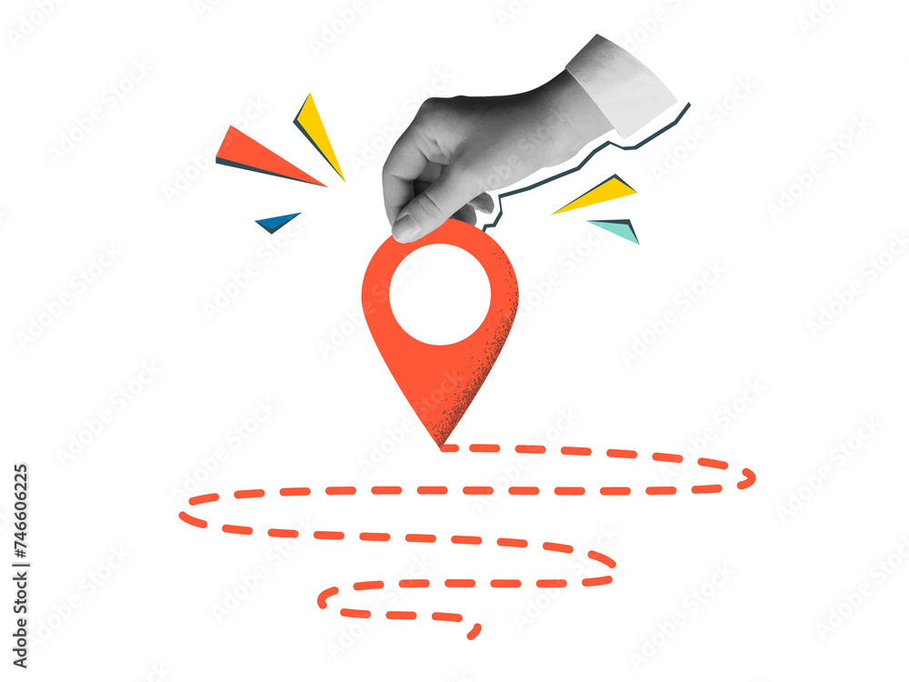 Black and white hand holds a red location pin. Destination sign in an ...