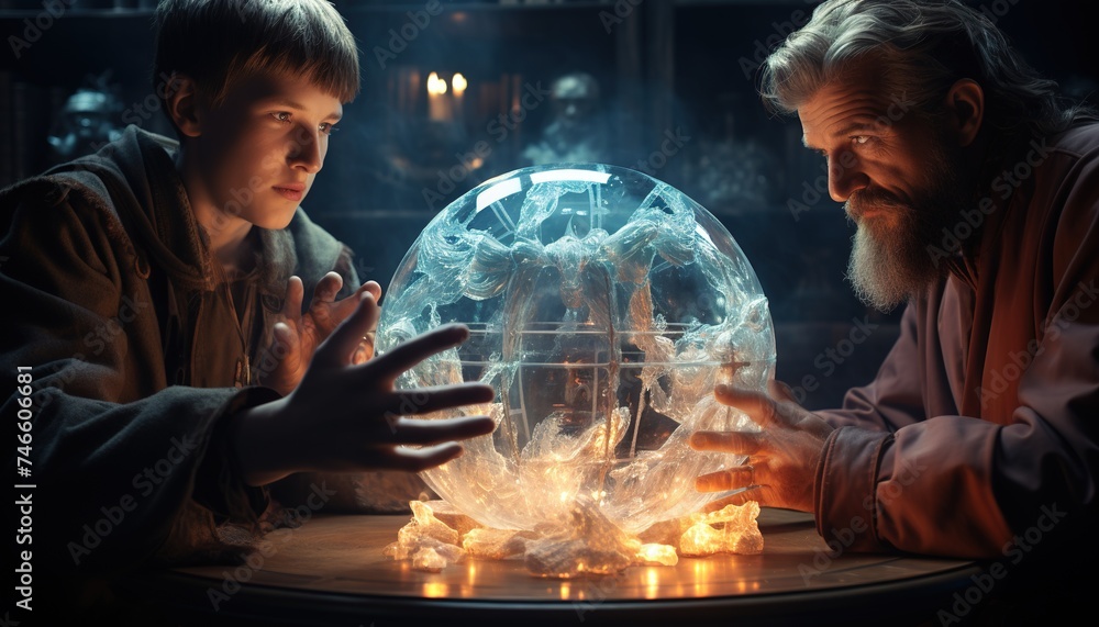 2 men talking with an angel in front of a transparent ball, in the ...