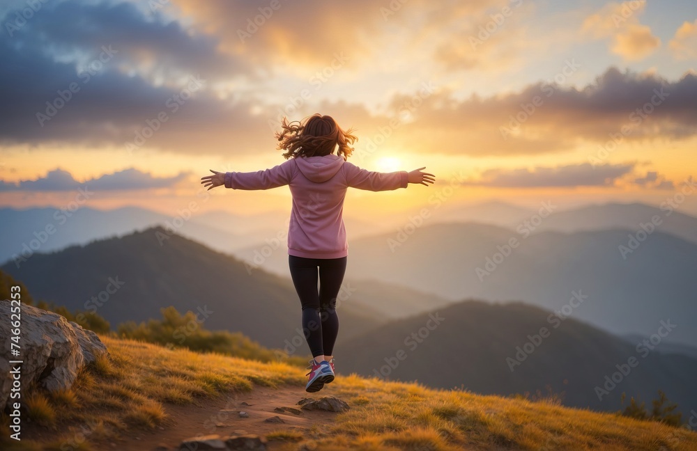 Woman jump on top of the mountain with arms open to a welcoming new day ...