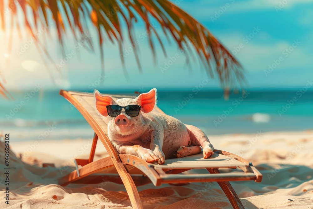 World Pig Day. A happy pig lies on the beach on a sun lounger. Holidays ...