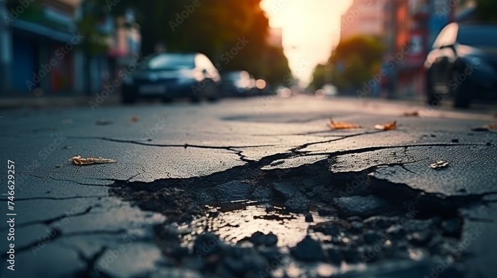 car wheels running and closed up Very bad quality street with potholes ...