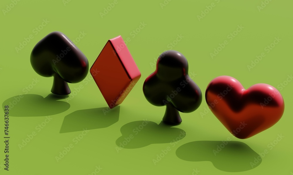 Poster Playing card symbols of cross, heart and spades. 3d rendering ...