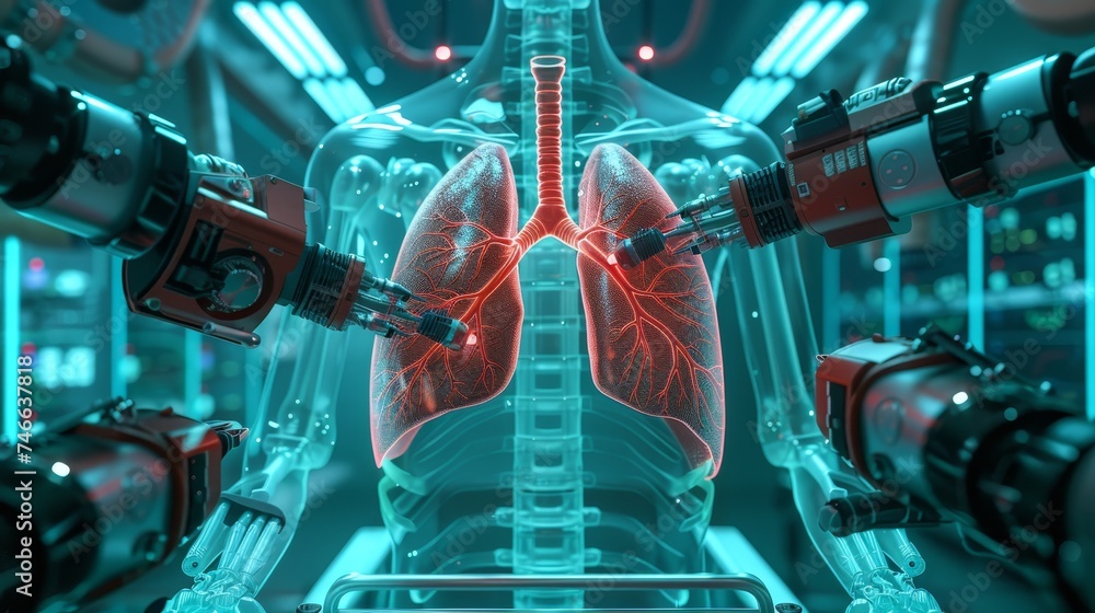 This image depicts a futuristic robotic surgical procedure being ...