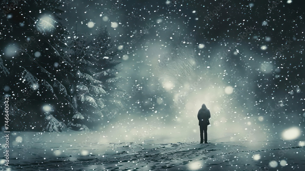 silhouette of a man standing alone in the midst of falling snow ...