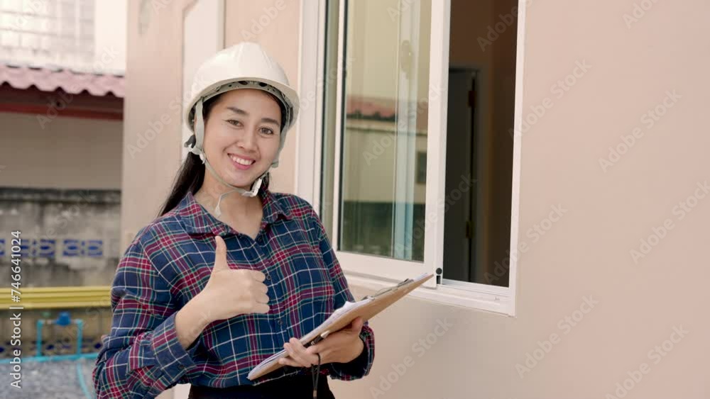 Asian female home inspector, specializes in inspecting recently completed homes, stand and ...