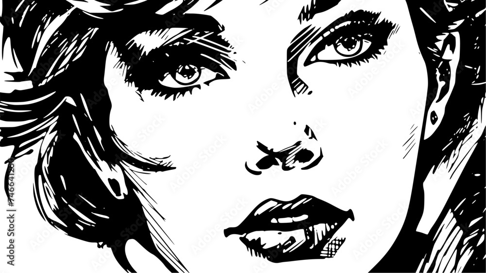 Woman portrait in hand drawing or engraving style. 60s styled beautiful ...