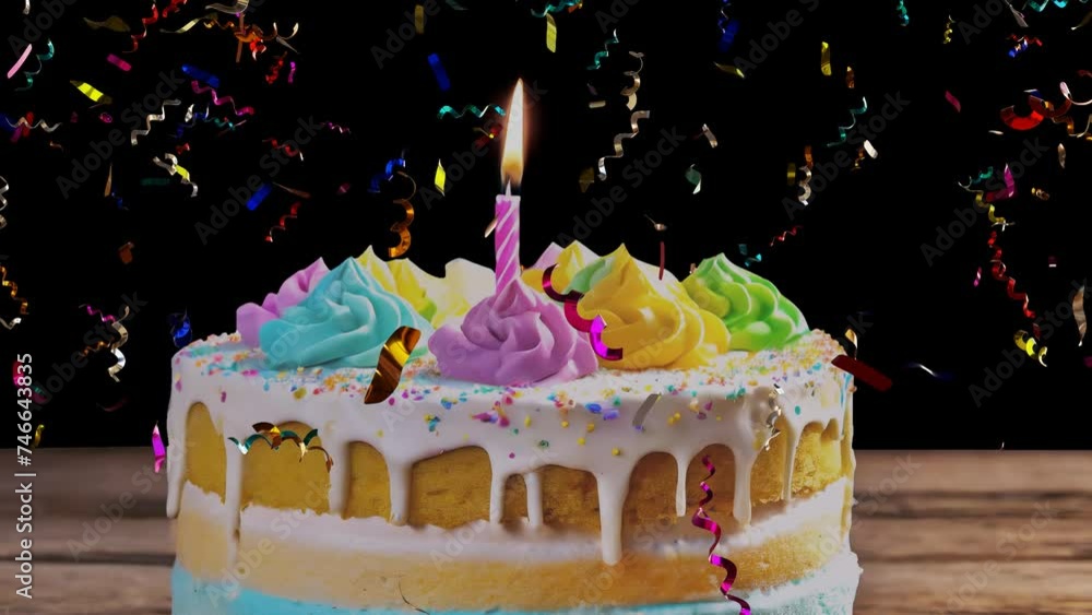 A delicious birthday cake and a animated burning candle on it. Colorful ...