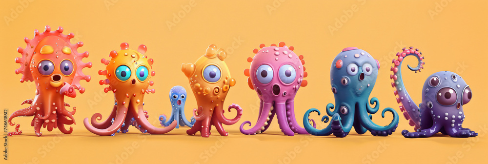 Colorful set of little cartoon cute sea monsters characters, cartoon ...
