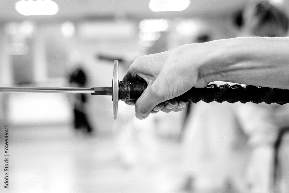 Black and white background of martial arts with a weapon, a Japanese ...