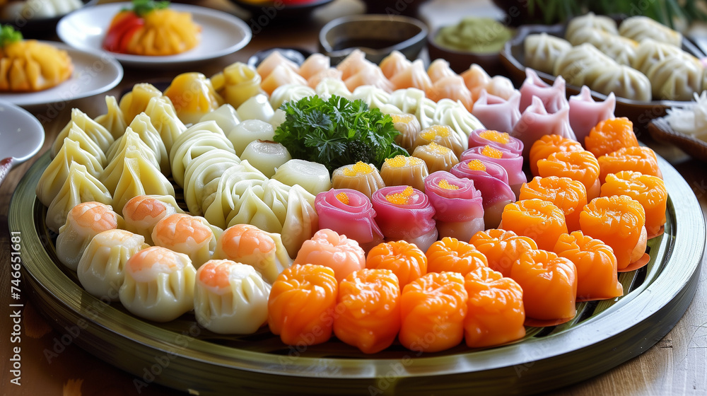 Big plate of colorful dim sum dumplings. Very popular Chinese snack and ...