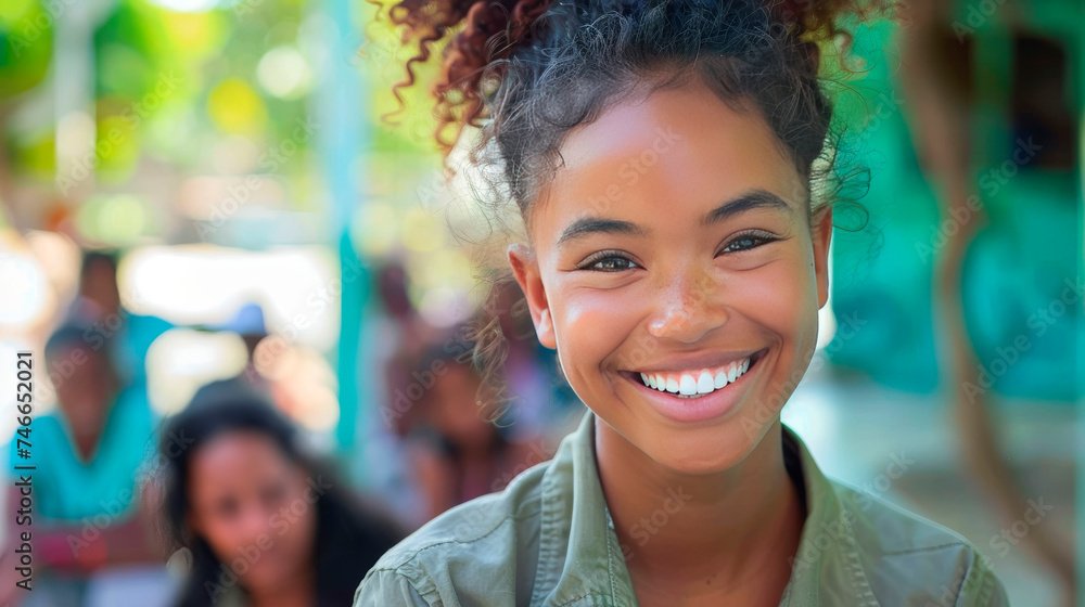 Bright smile of a young girl with classmates in background. Radiant ...
