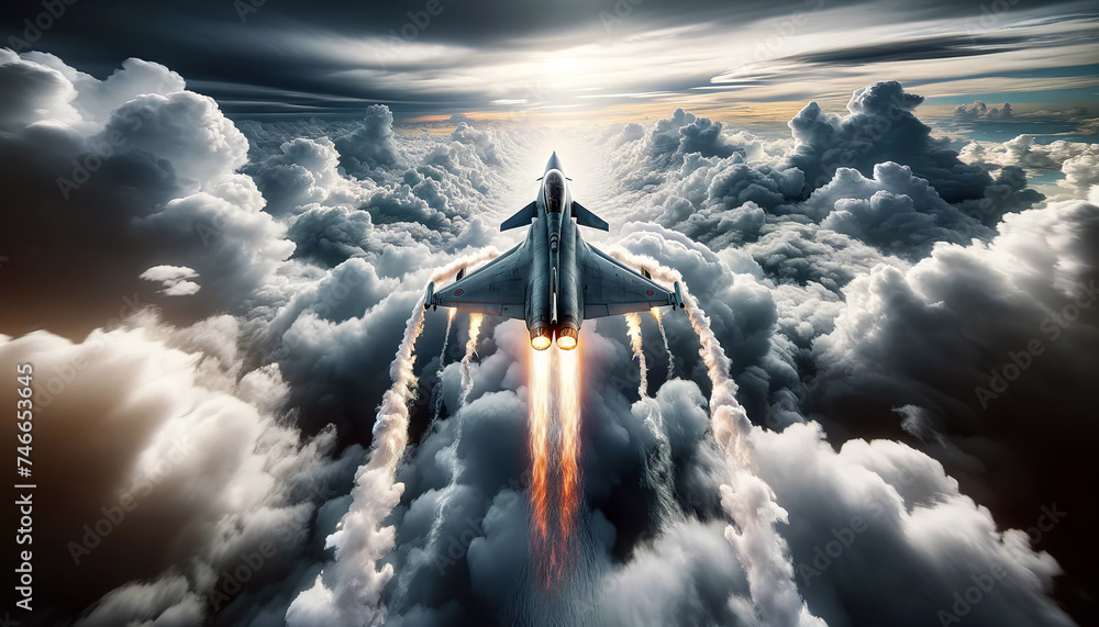 A fighter jet soars through a dramatic cloudscape with afterburners ...